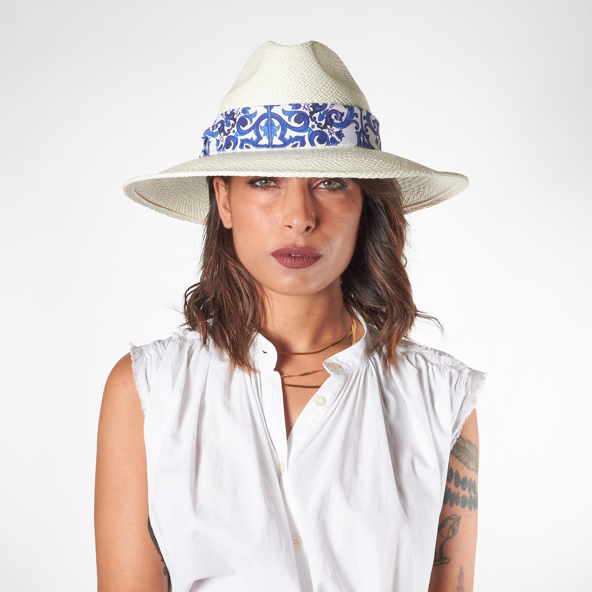Women's Panama hat with majolica print